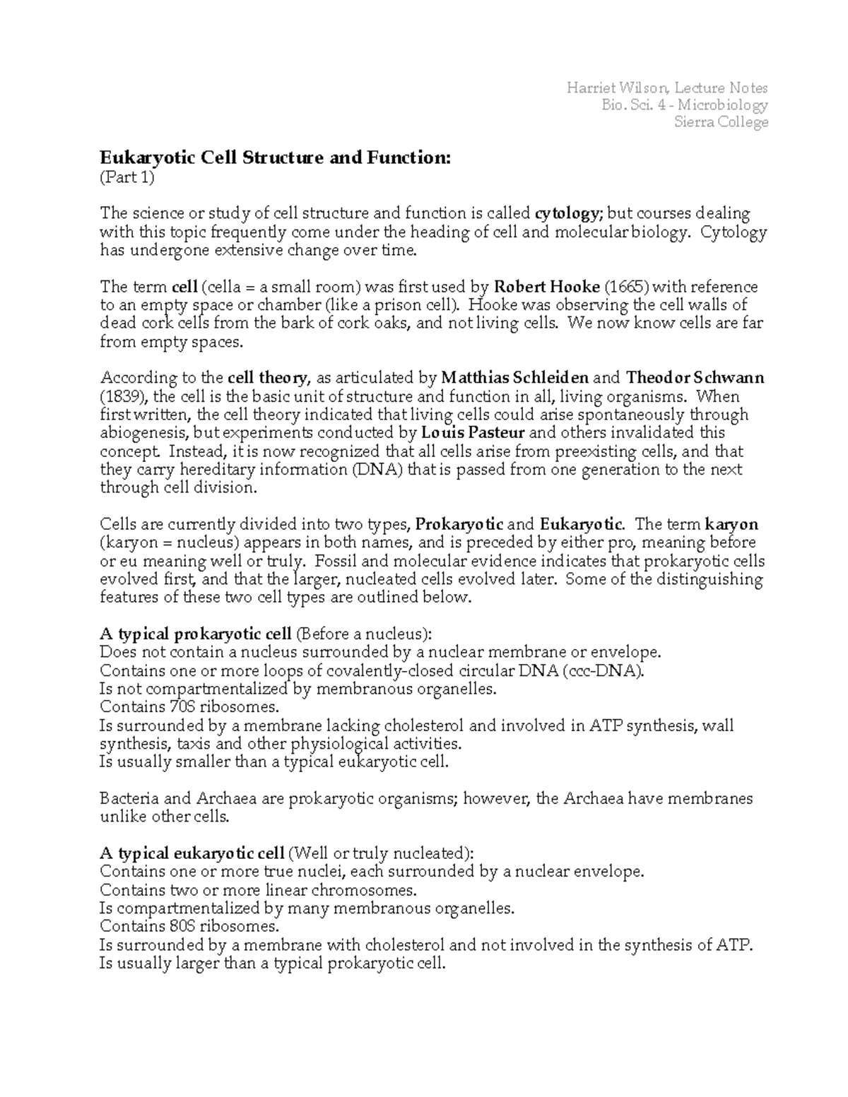 Bio. Sci. 4 Lecture Notes: Eukaryotic Cell Structure & Function (Part 1 ...