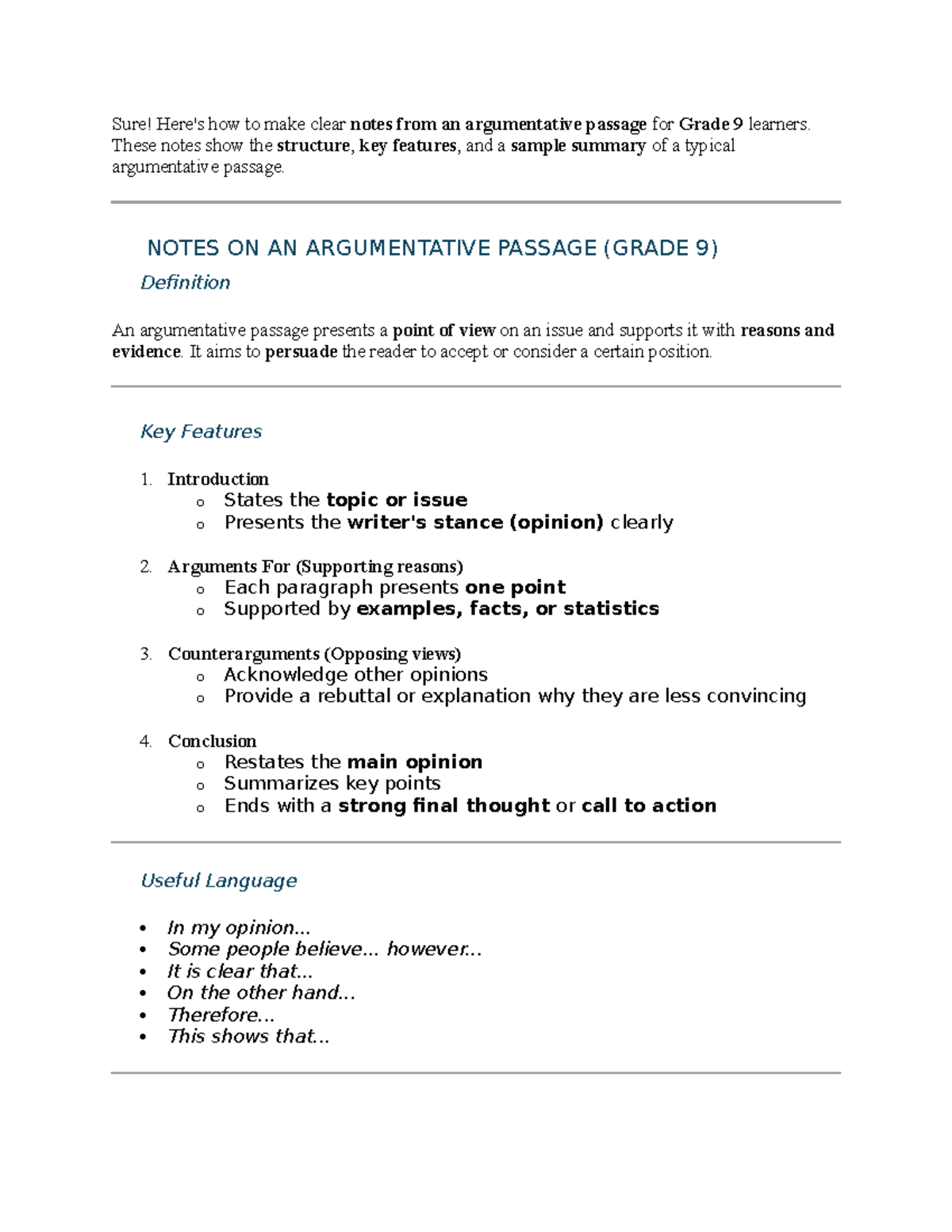 Grade 9 Notes on Argumentative Passages: Structure & Summary - Studocu