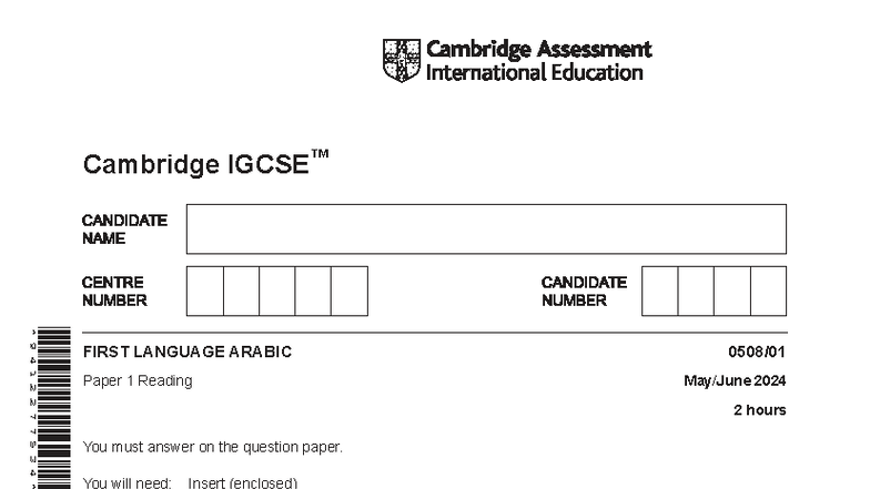 Cambridge 9 4 1 2 2 7 7 5 3 4 First Language Arabic 2024 Paper 1 ...