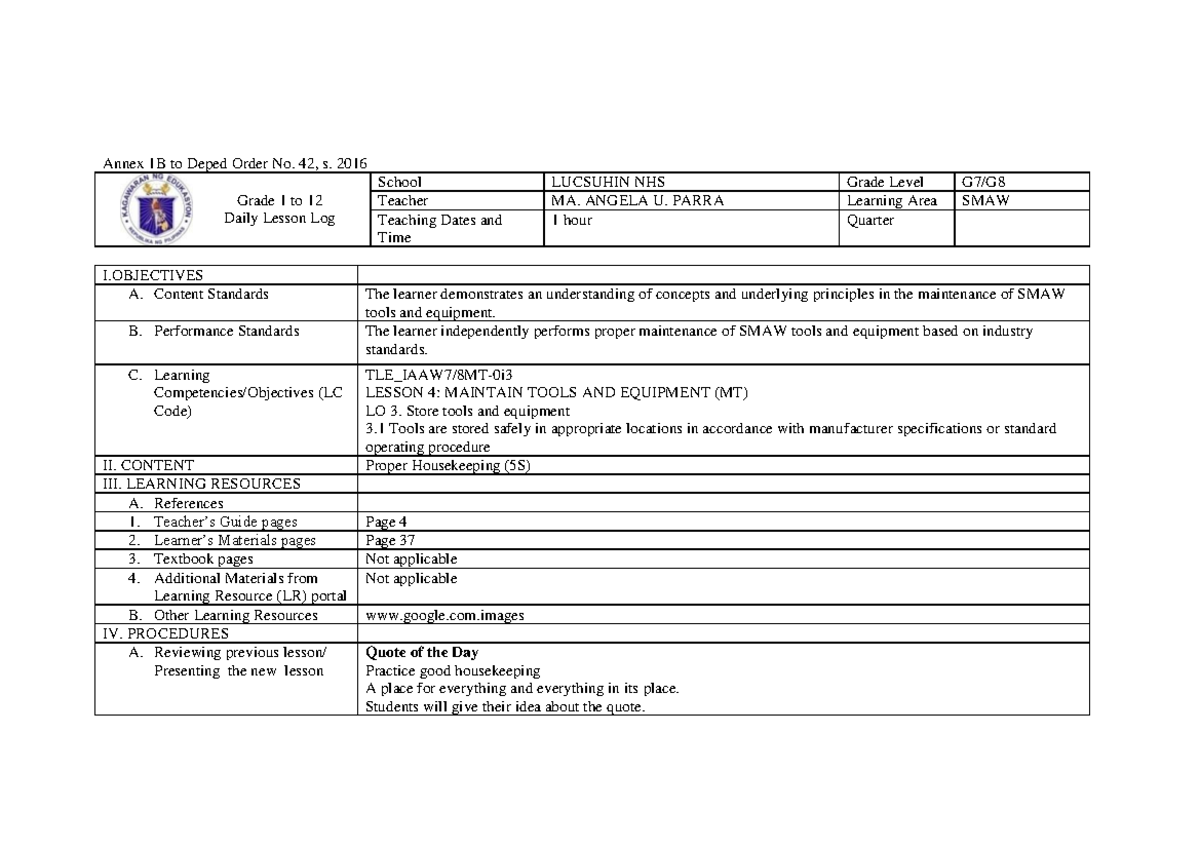 G7 TLE Daily Lesson Log: Proper Housekeeping (5S) - Lesson 4 - Studocu