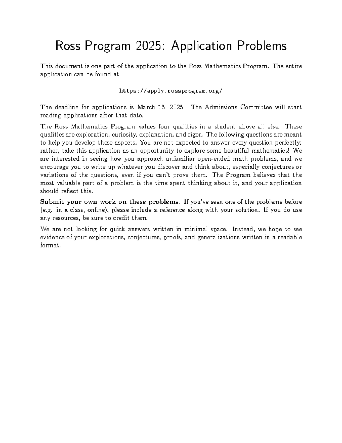 Ross Program 2025: Exploration of Application Problems - Studocu