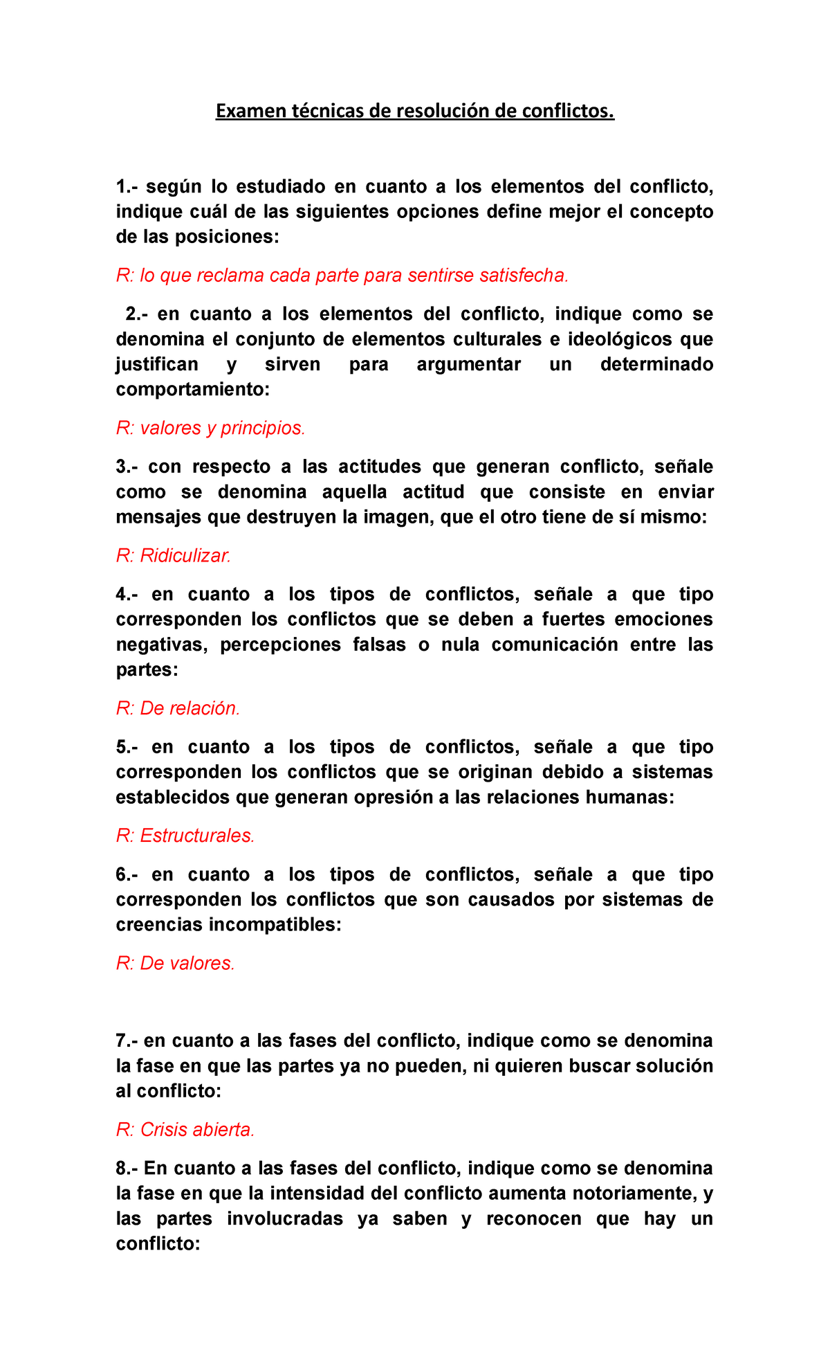 Examen Técnicas de Resolución de Conflictos-1: Preguntas y Respuestas ...