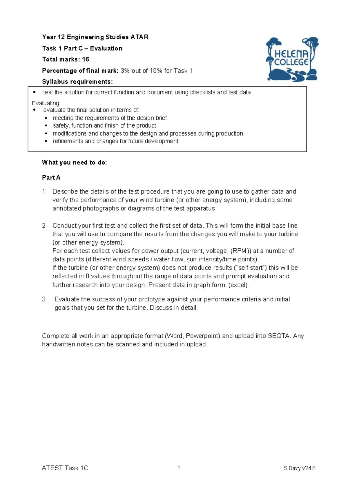 Year 12 Engineering Studies ATAR Task 1C: Evaluation of Wind Turbine ...