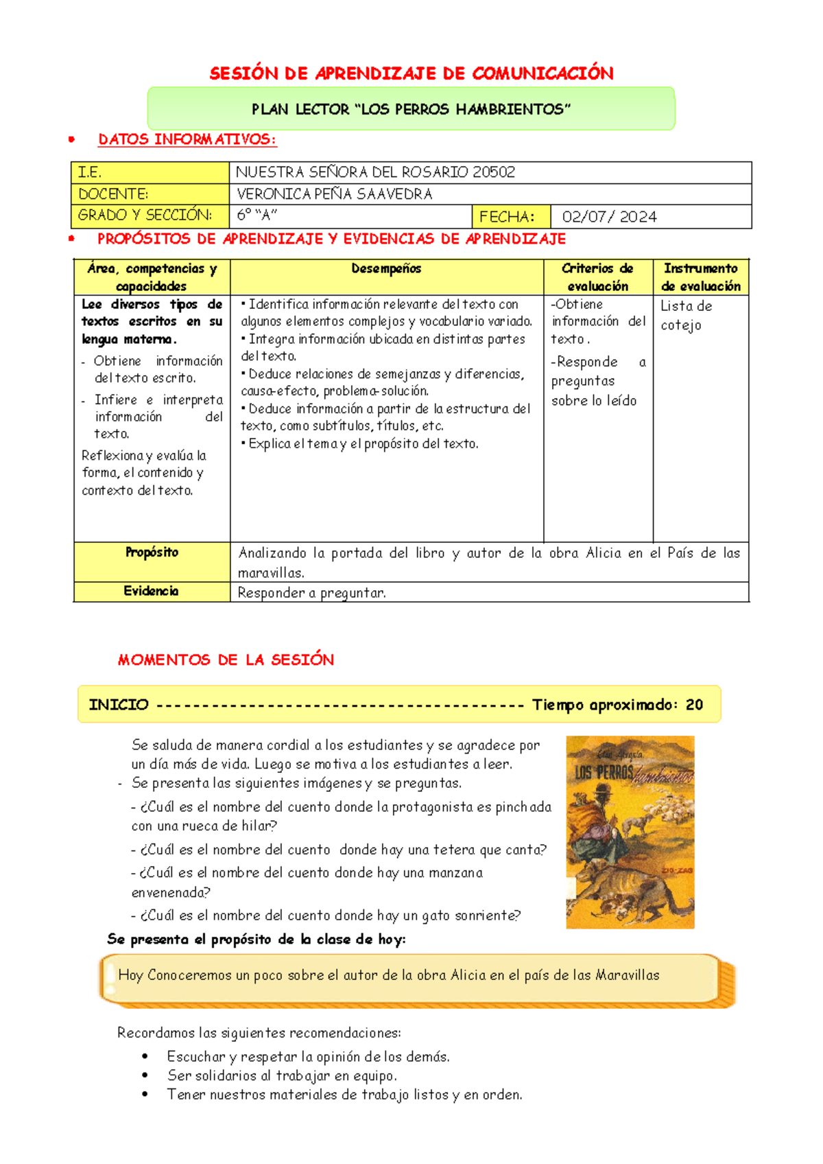 Plan Lector COM-20502: Actividad sobre "Alicia en el País de las ...