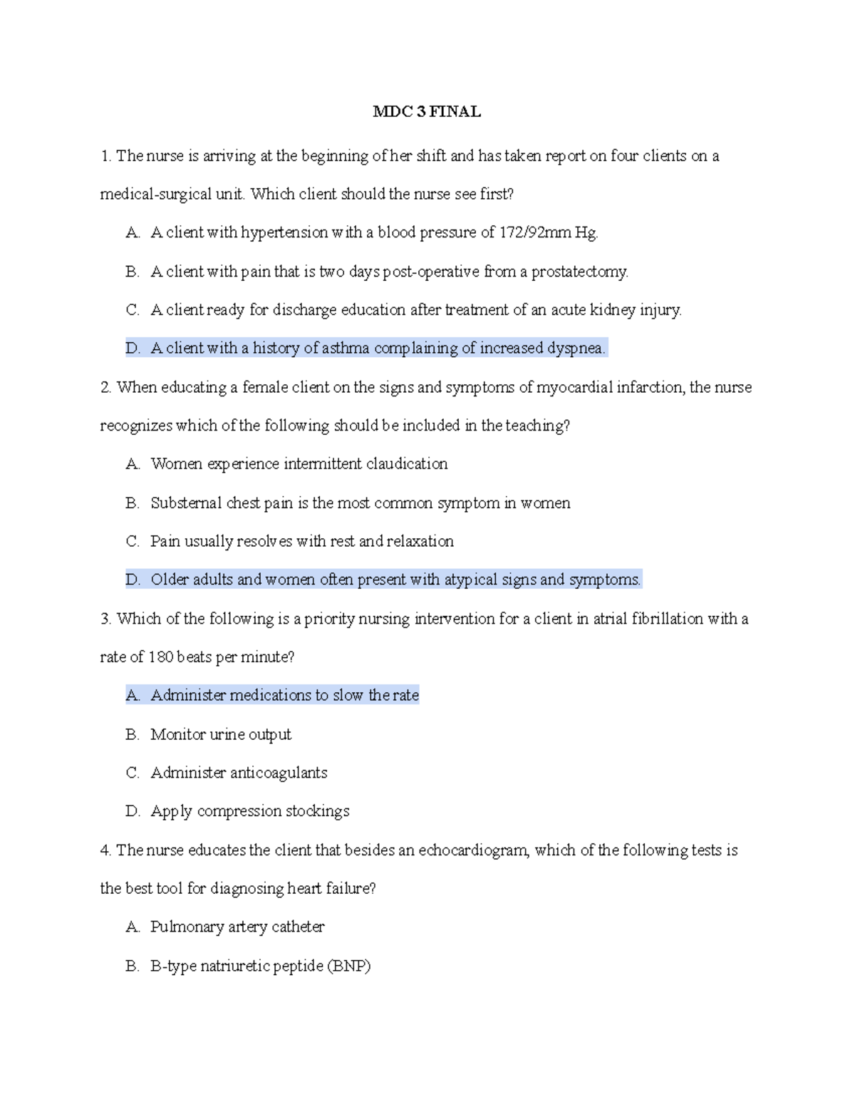MDC 3 Final Exam Practice Questions for Nursing Students - Studocu