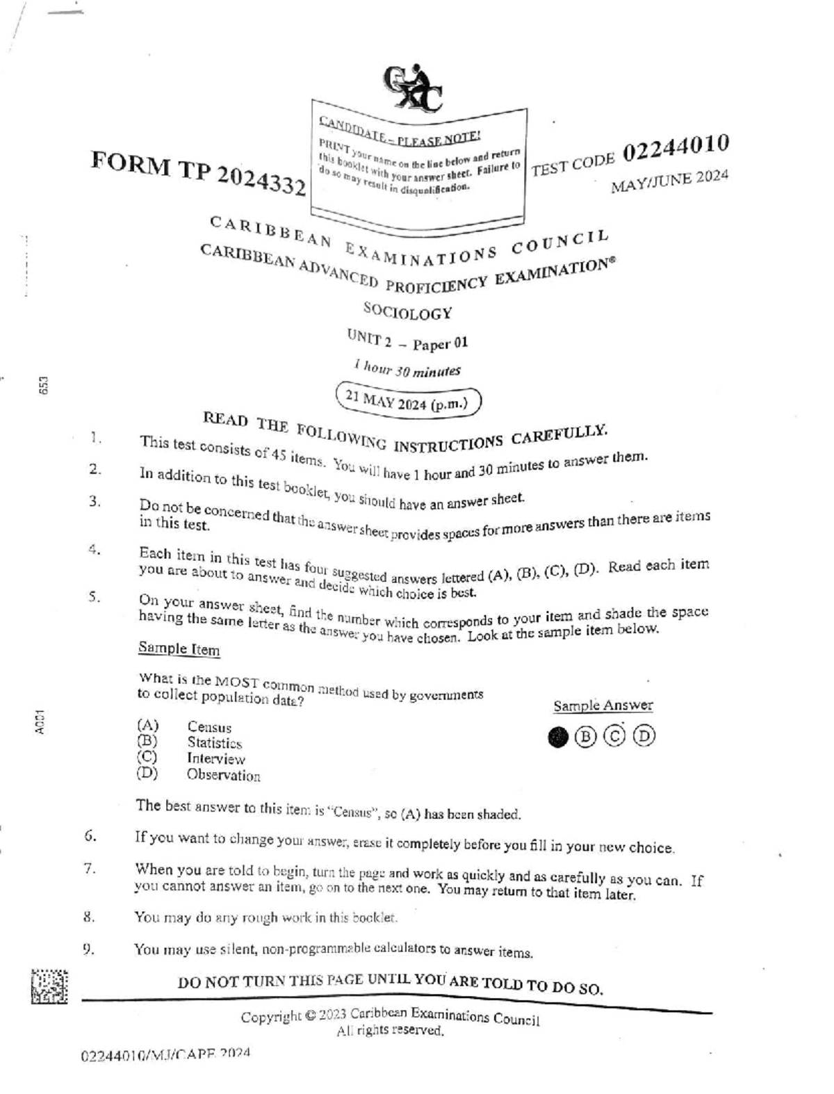 Sociology Unit 2 Final Exam Paper 1 (2024) - Studocu