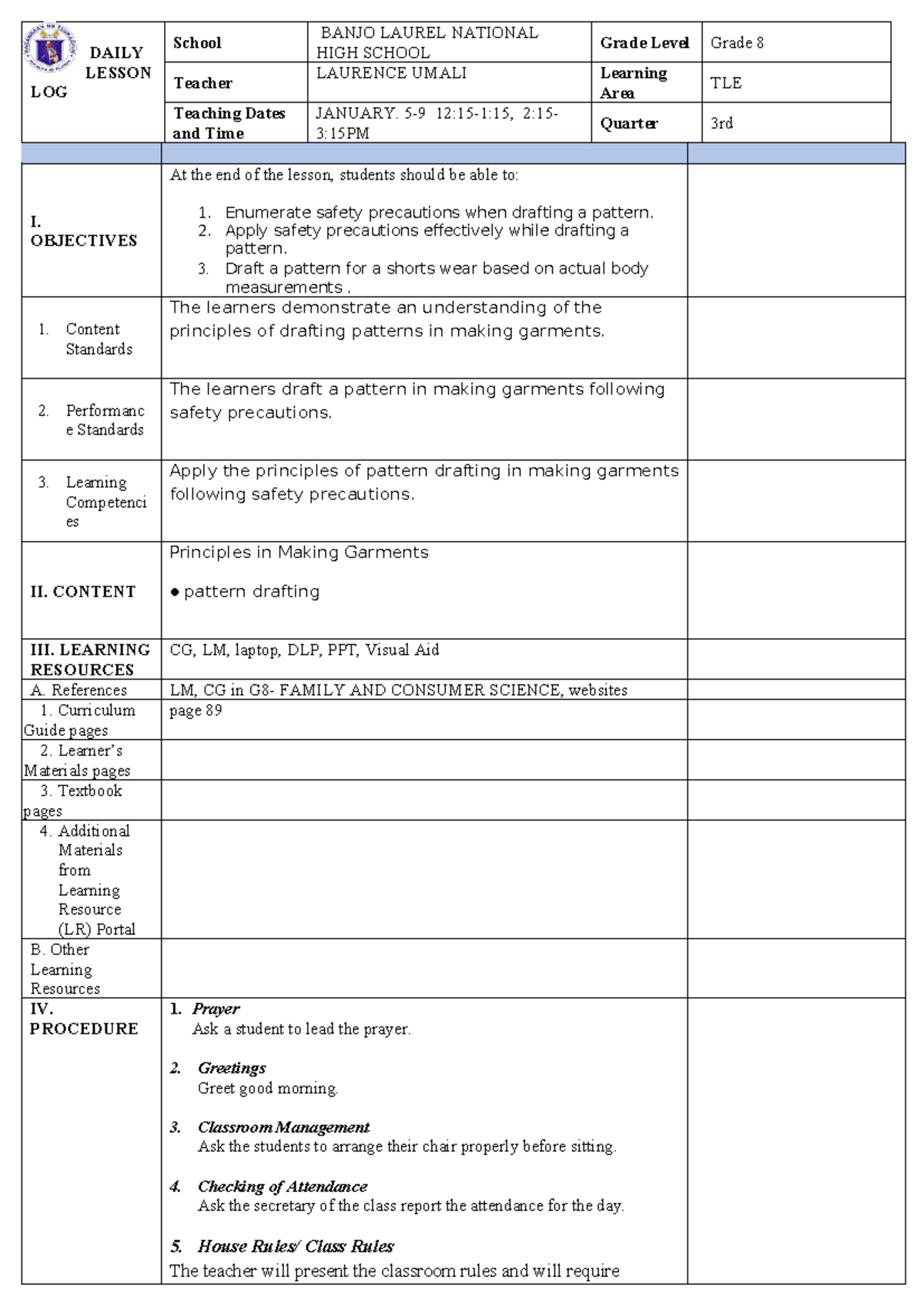 TLE 8 Lesson Plan: Pattern Drafting for Garments - Week 6 - Studocu