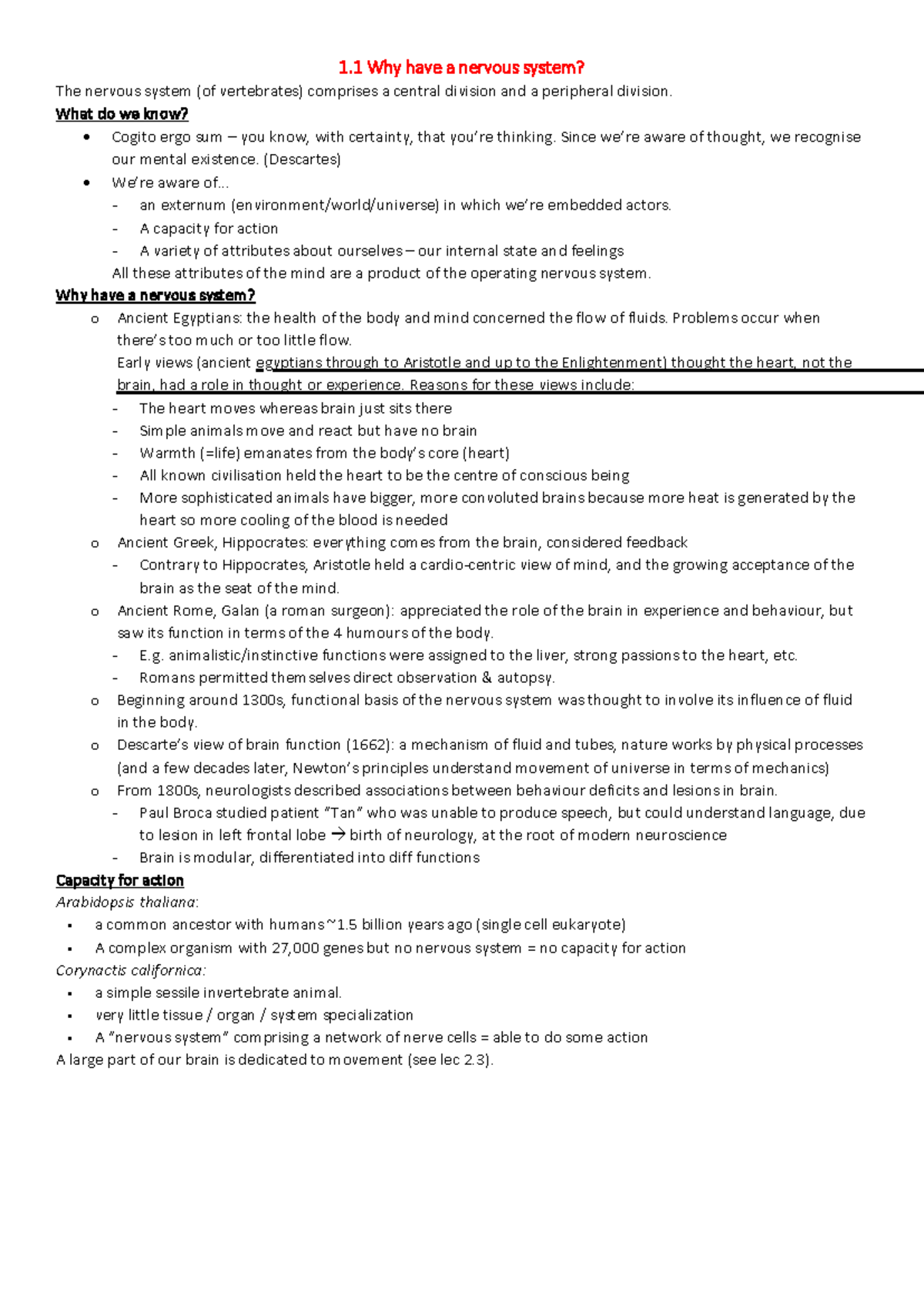 H1 94 Principles of Neuro (NEUR30003) Lecture Notes: Nervous System ...