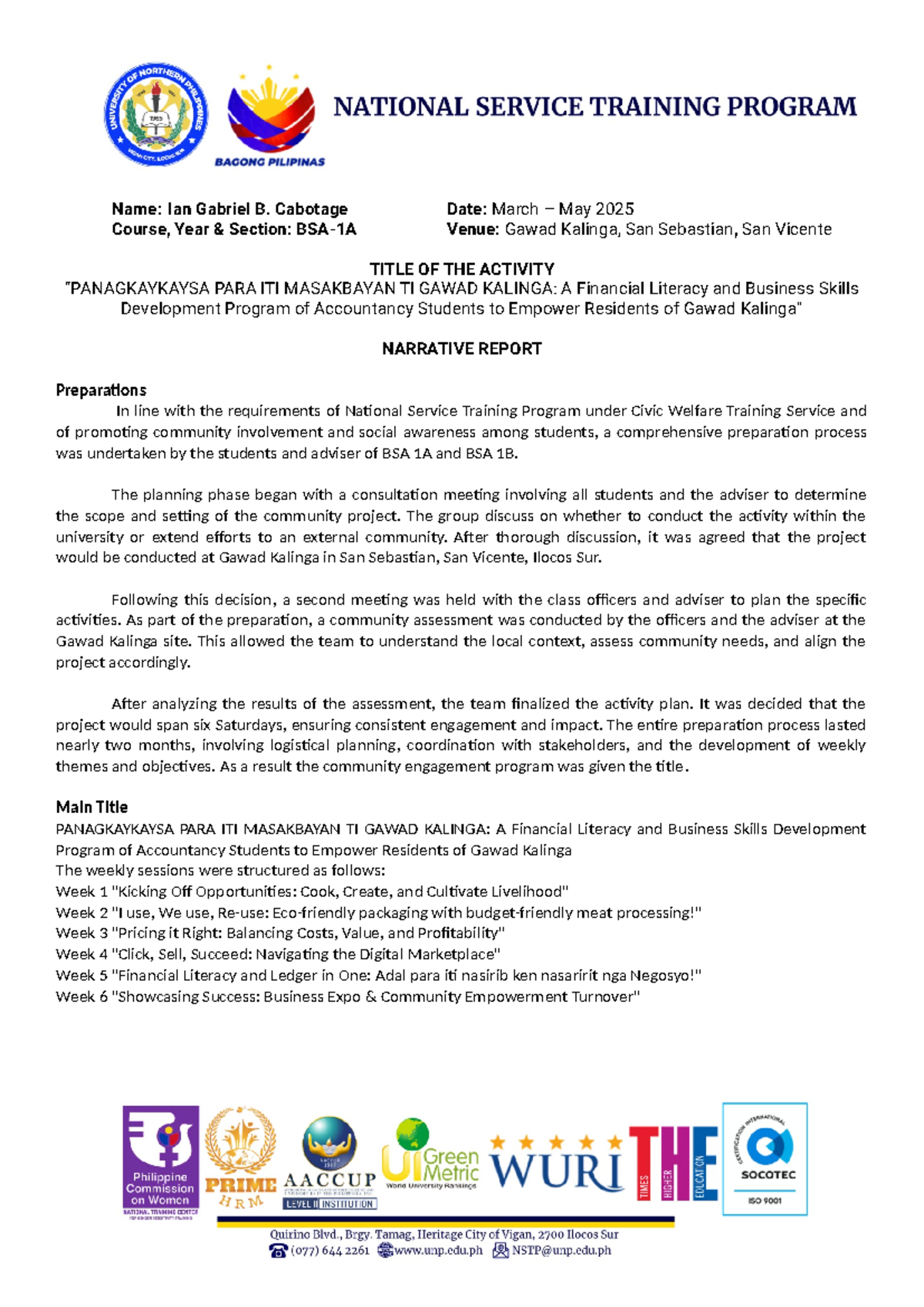 NSTP 2025 Narrative Report: Financial Literacy Program for Gawad ...