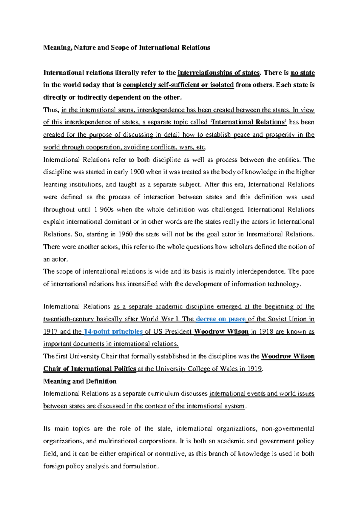 IR 1 - Lecture Notes on Meaning and Scope of International Relations ...