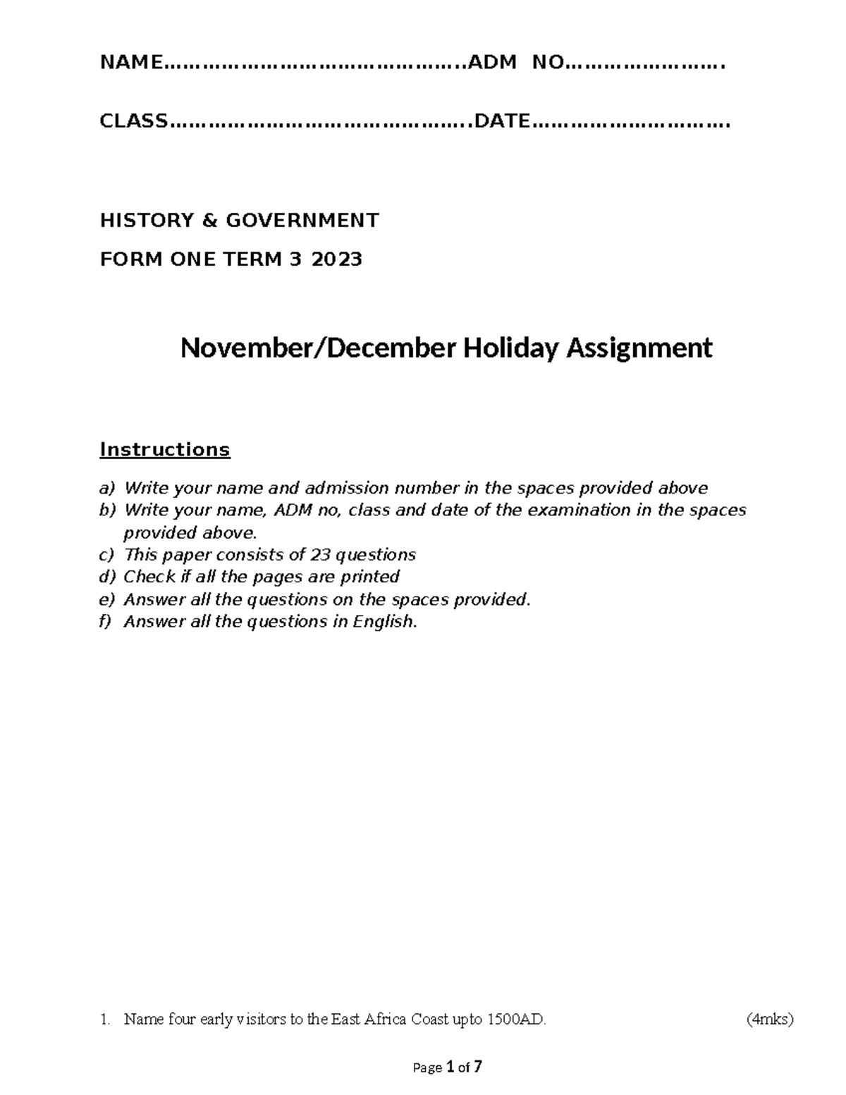 History - History and Government Form 1 - Term 3 Exam Paper (311) - Studocu