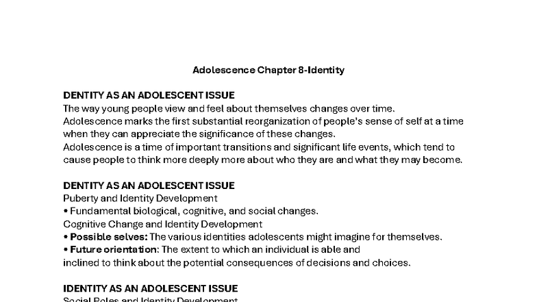 Adolescence Chapter 8 - Identity Development Study Notes - Studocu