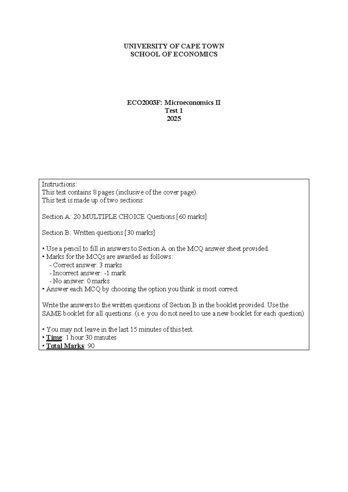 ECO2003F: Microeconomics II Test 1 2025 - Comprehensive Guide - Studocu
