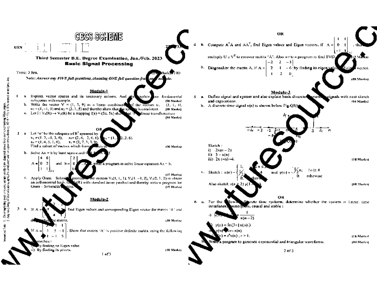 CBCS SCHEME 21EC33 Third Semester B.E. Degree Exam 2023: Basic Signal ...