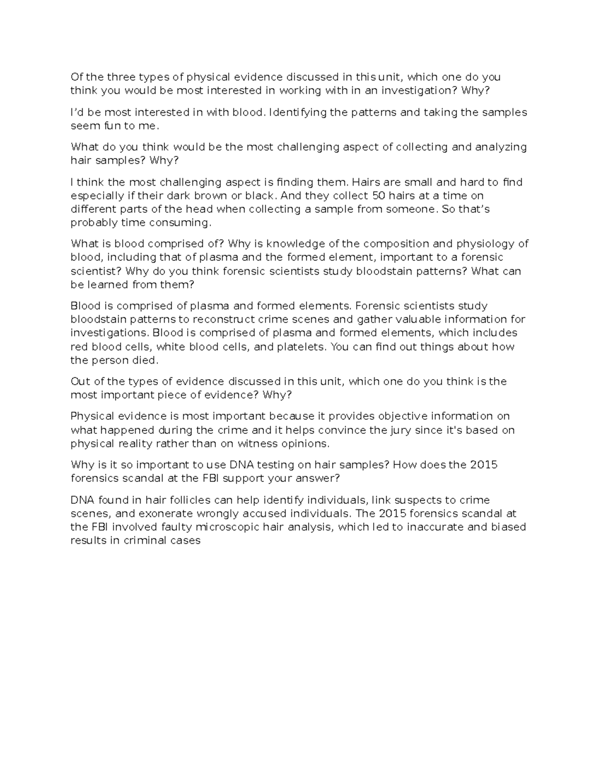 Forensic Evidence Analysis: Blood, Hair, and DNA Testing Insights - Studocu