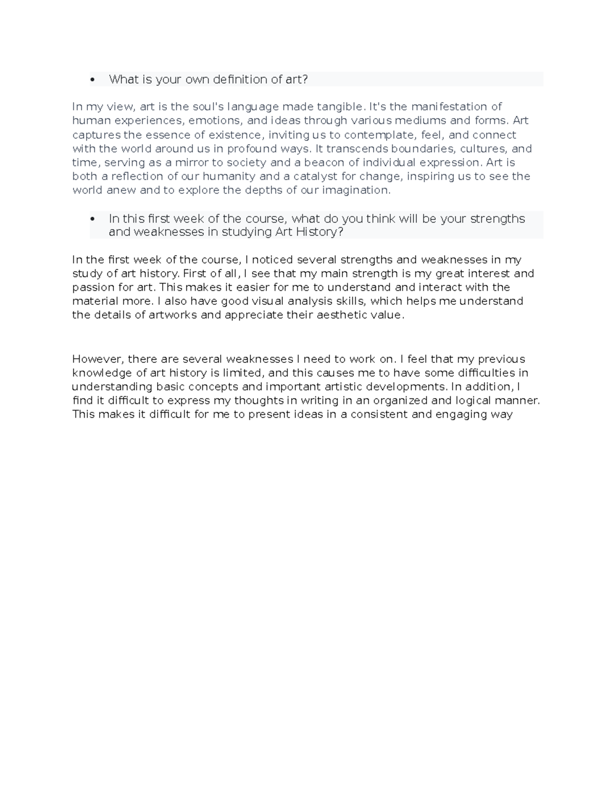 Art History Assignment Unit 1: Defining Art and Self-Assessment - Studocu