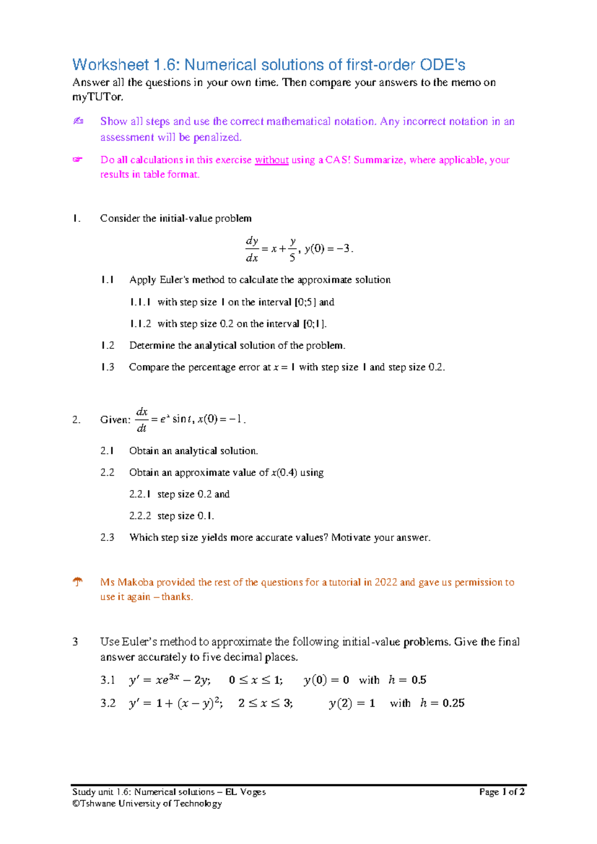 Worksheet 1.6: Numerical solutions for chemical engineering math - Studocu