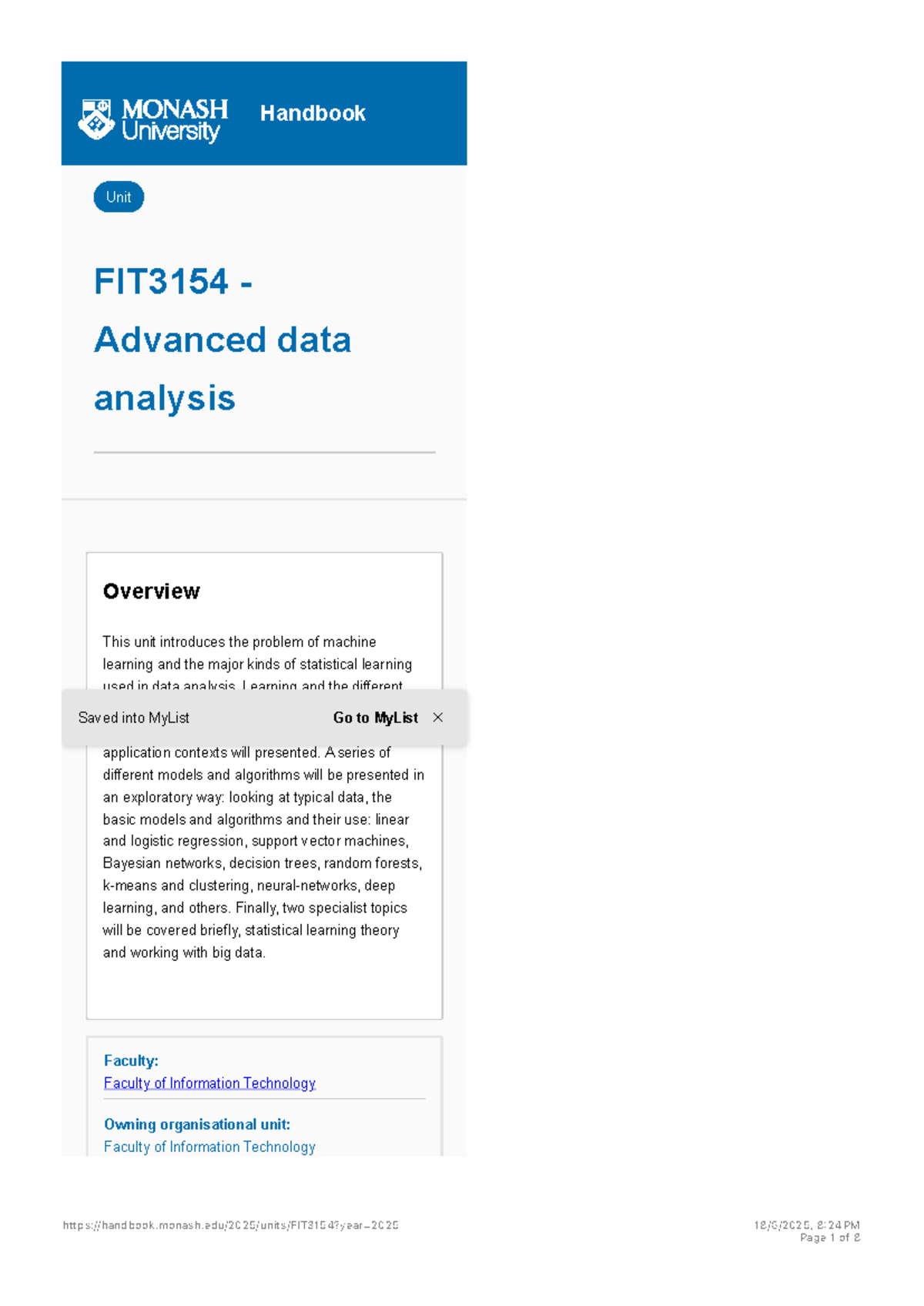 FIT3154 - Advanced Data Analysis Overview and Assessment Guide - Studocu