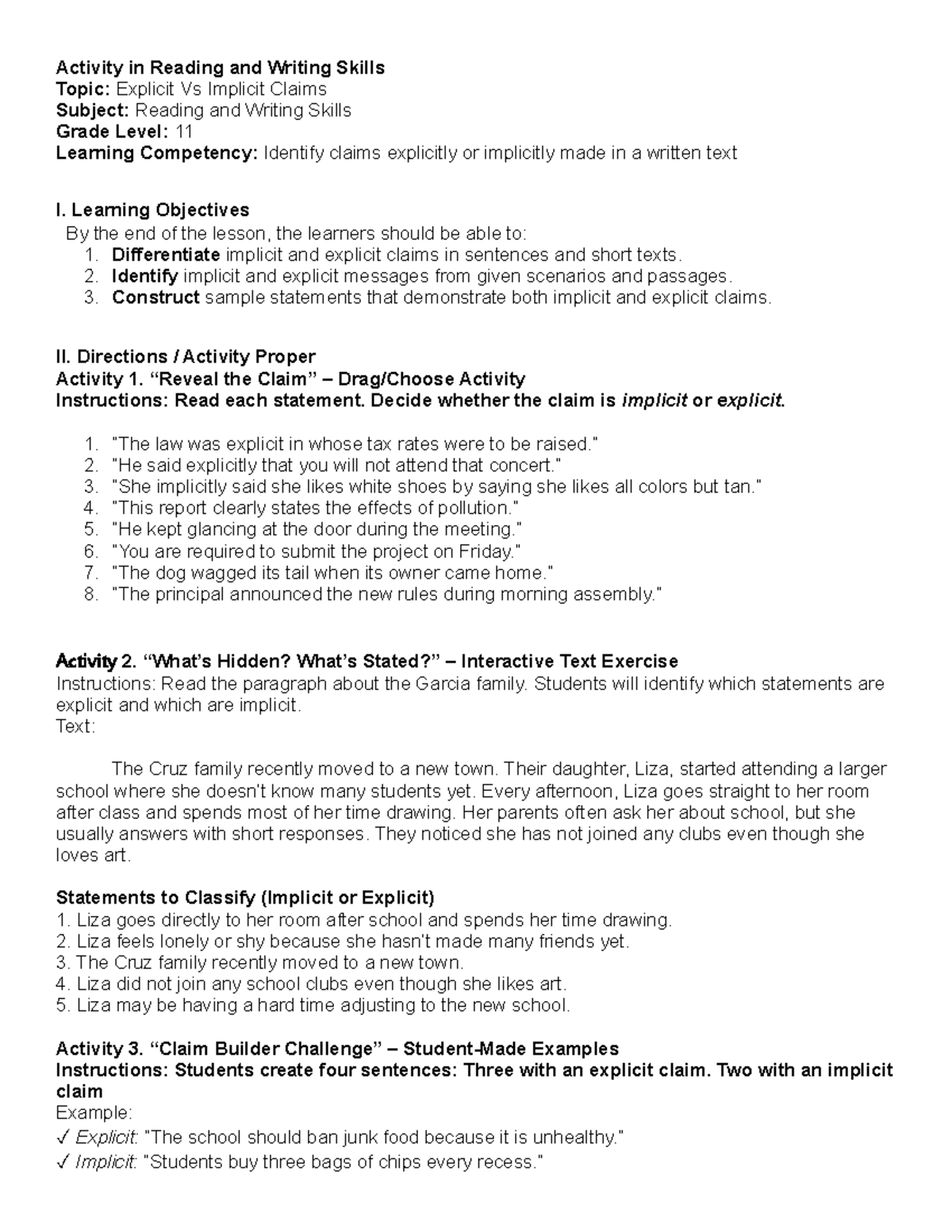 RWS 112525 - Explicit vs Implicit Claims Activity for Grade 11 - Studocu