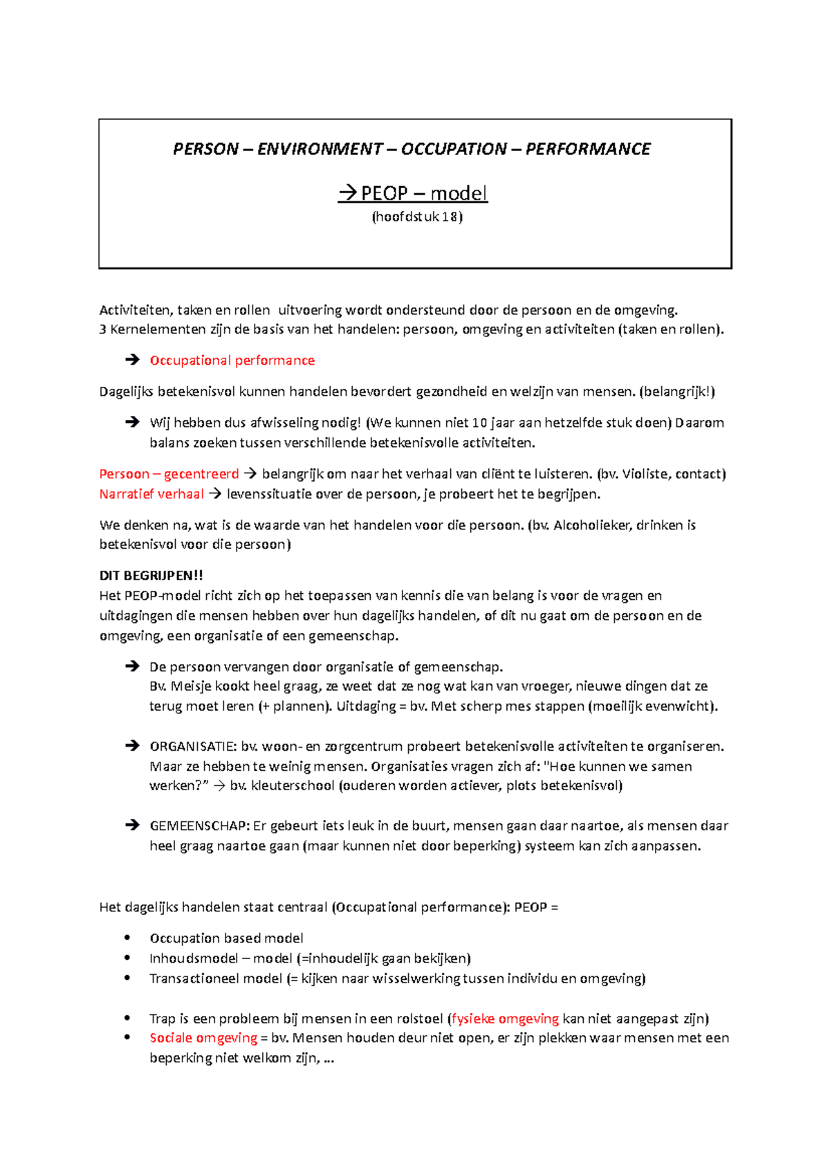 PEOP Model: Analysis of Person, Environment, and Occupational ...