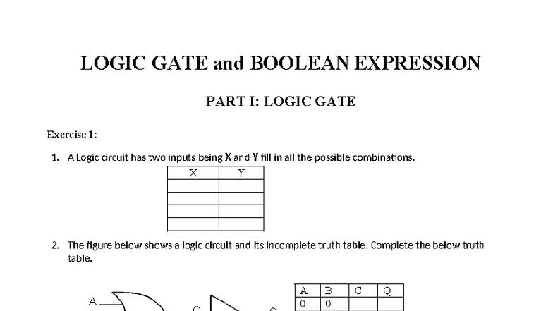 PCO IT Tut9-10: Logic Gates & Boolean Expressions Exercises - Studocu