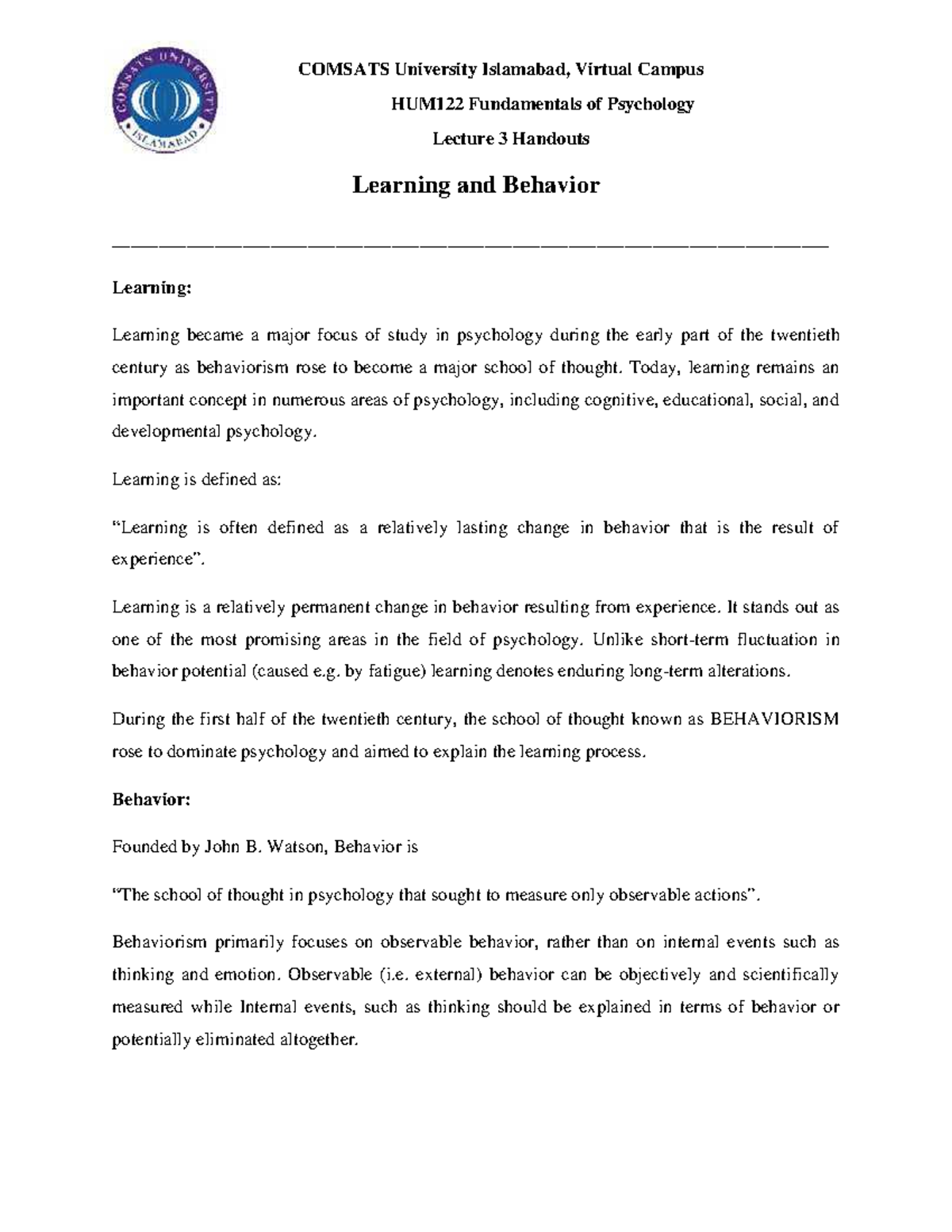 HUM122 Lecture 03 Handouts: Learning and Behavior in Psychology - Studocu