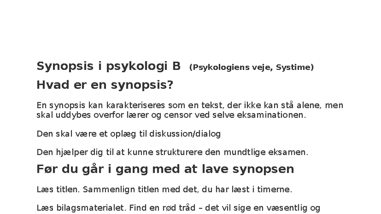 Synopsis i psykologi B: Struktur og Indhold til Eksamen - Studocu