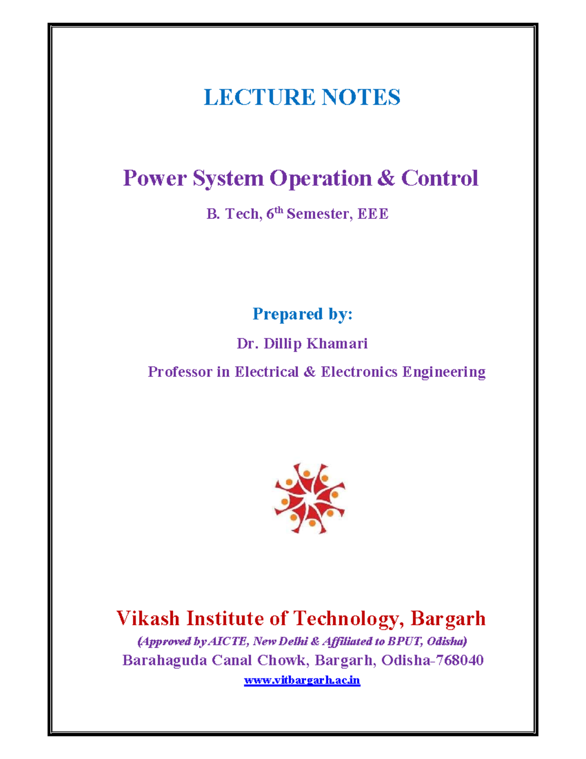 LECTURE NOTES PSOC - Power System Operation Control B. Tech 6th Sem ...