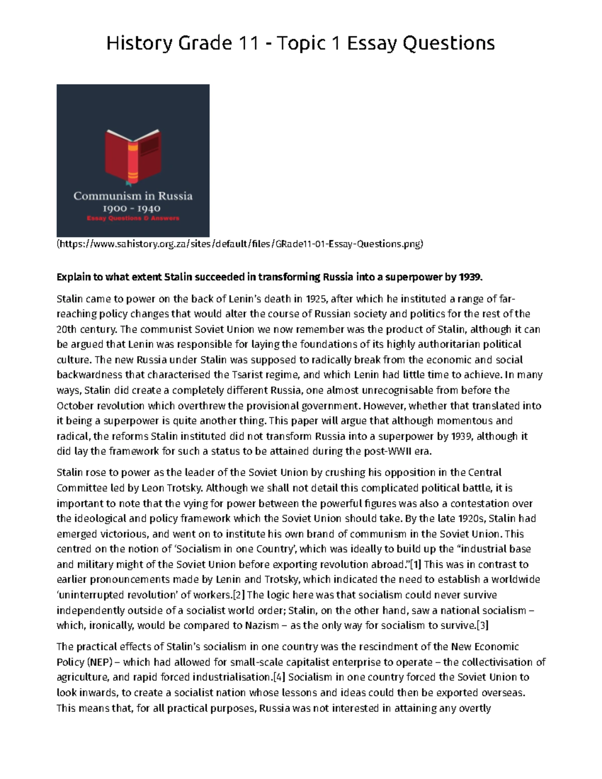 History Grade 11 - Topic 1 Essay Questions: Stalin's Russia as a ...