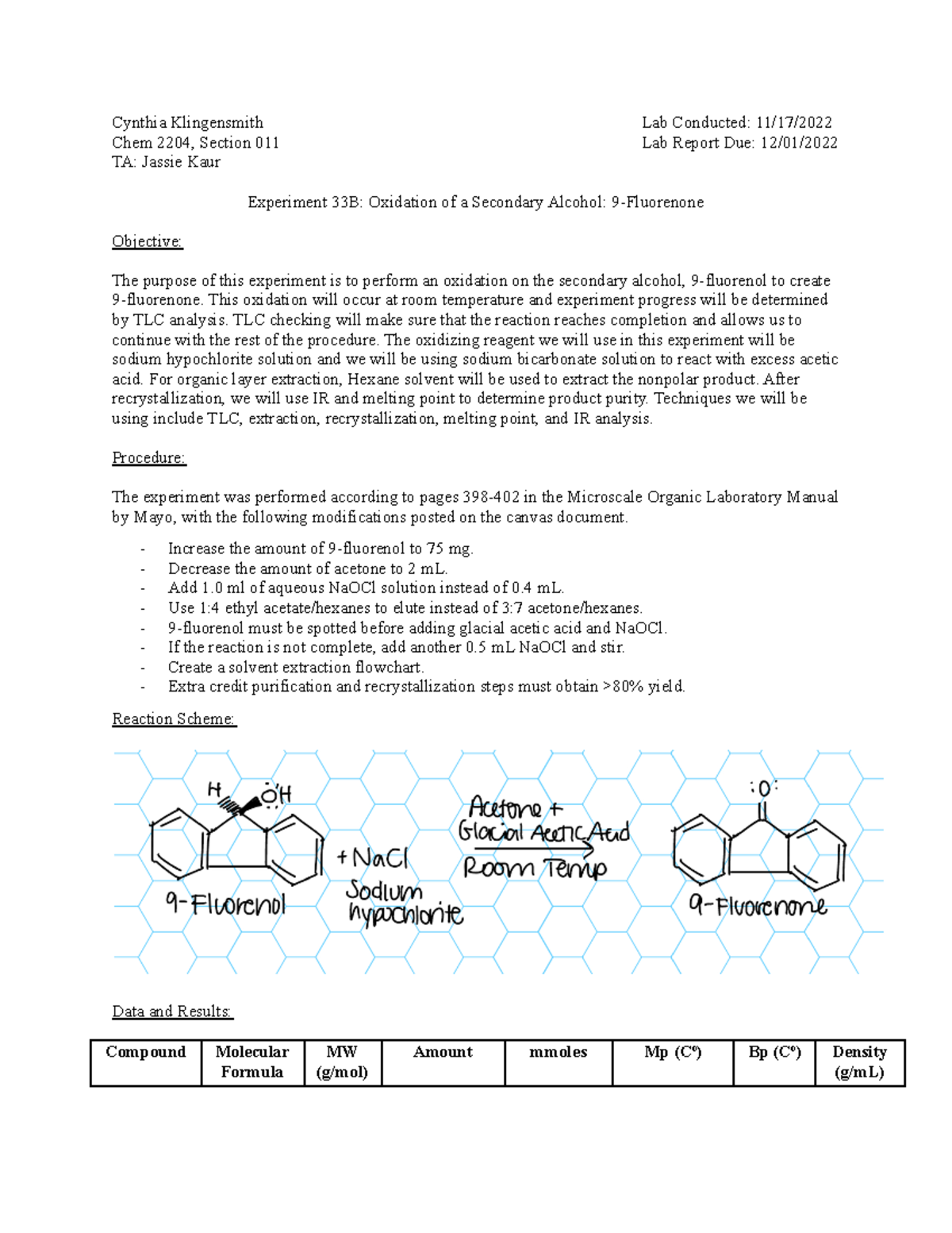 Exp 33B - Lab report - Cynthia Klingensmith Lab Conducted: 11/17/ Chem ...