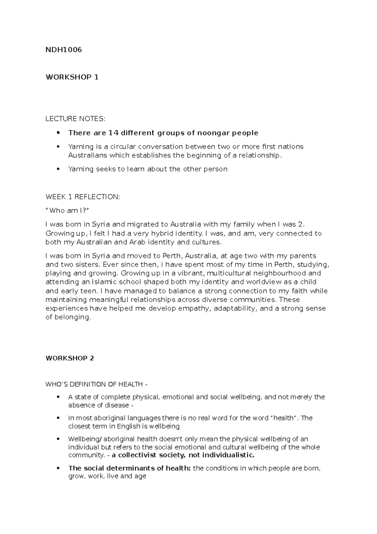 INDH1006 WORKSHOP 1 & 2 LECTURE NOTES: Understanding Aboriginal Culture ...