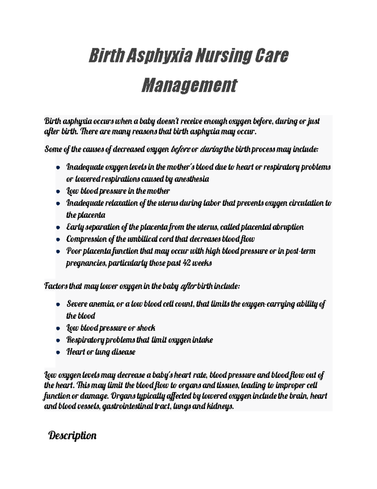 Birth Asphyxia Nursing Management Plan - Key Strategies for Care - Studocu