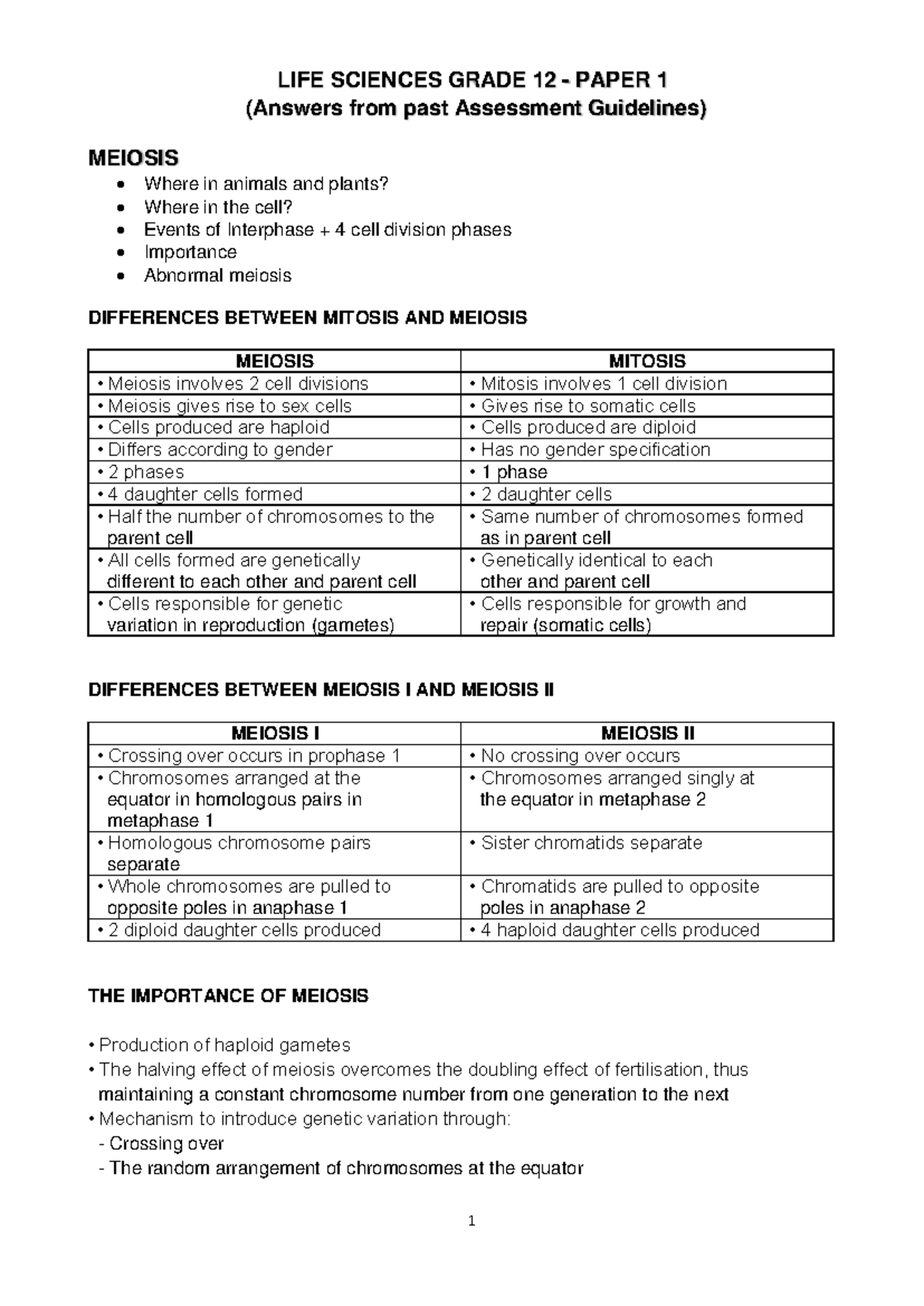 LIFE SCIENCES GRADE 12 STUDY NOTES (PAPER 1) ON MEIOSIS & REPRODUCTION ...