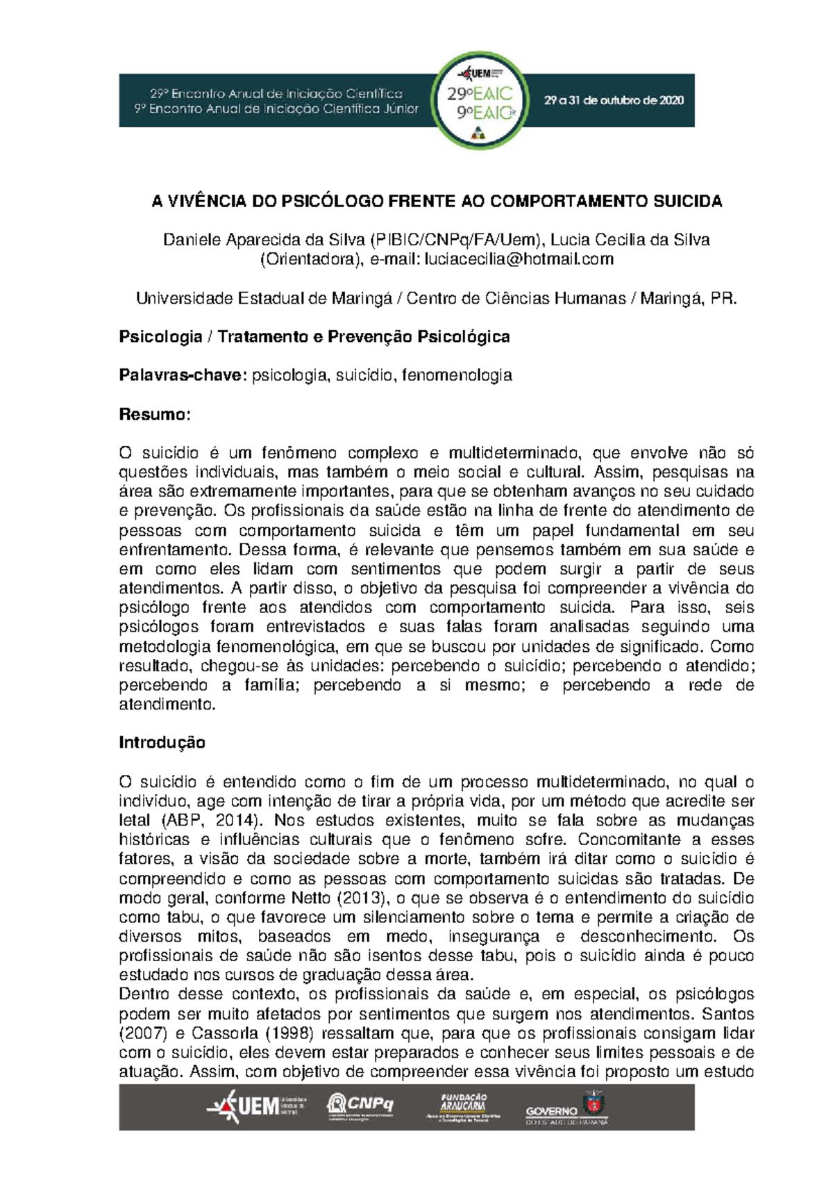 A VIVÊNCIA DO PSICÓLOGO NO ATENDIMENTO A COMPORTAMENTO SUICIDA - PSIC ...