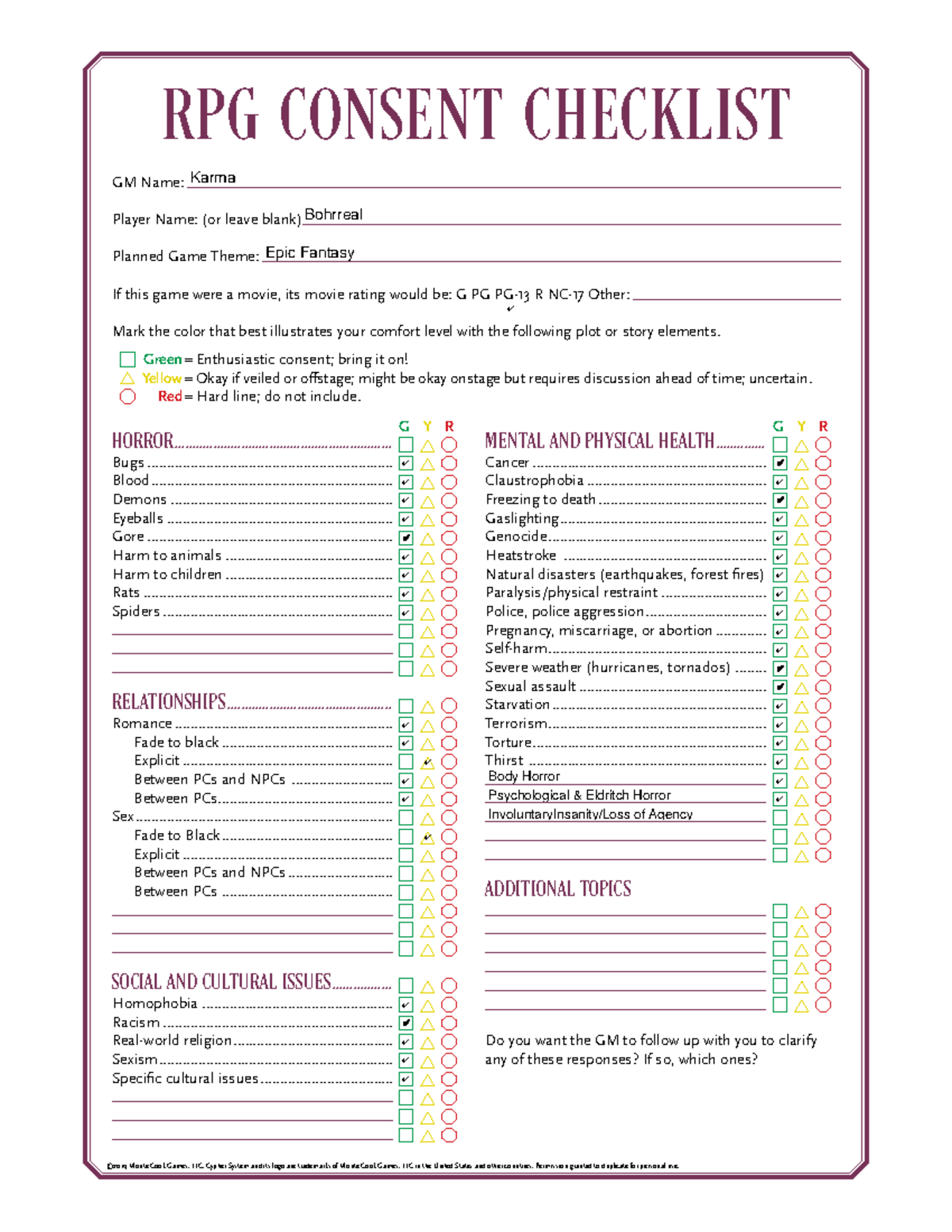 RPG Consent Checklist for Epic Fantasy Game - GM: Karma - Studocu