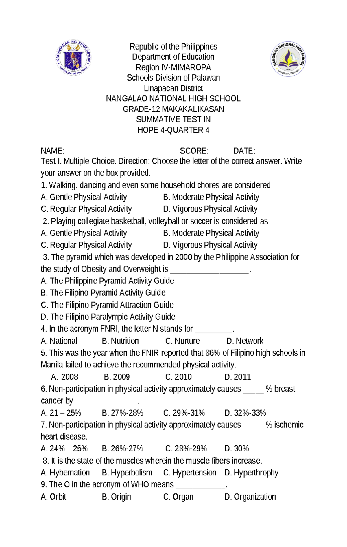 G11 HOPE Summative Test in Physical Activity & Health - Studocu