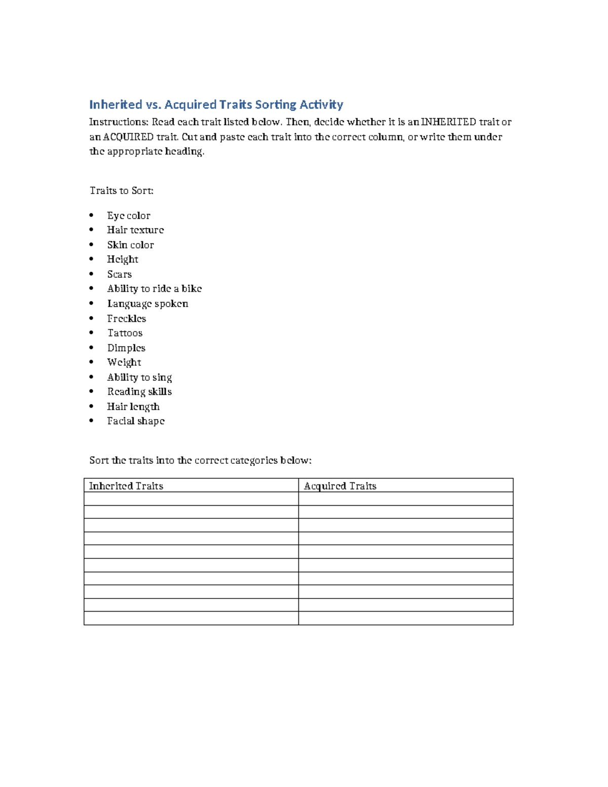 Inherited vs Acquired Traits Sorting Activity Instructions - Studocu