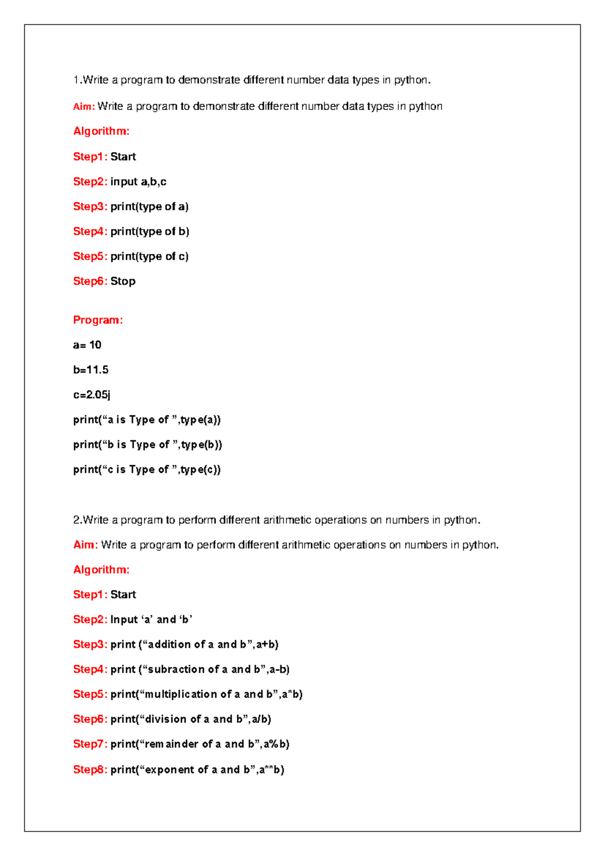 Python set 1 pratical - qp with answer - 1 a program to demonstrate ...