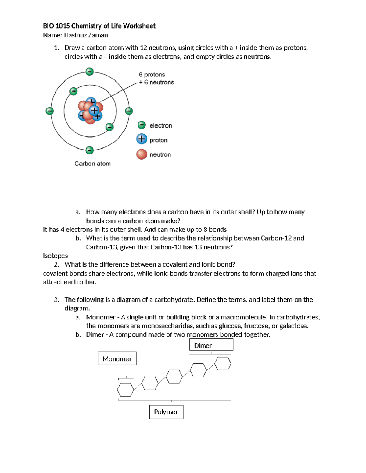 Chemistry of Life Worksheet - BIO 1015 Chemistry of Life Worksheet Name ...