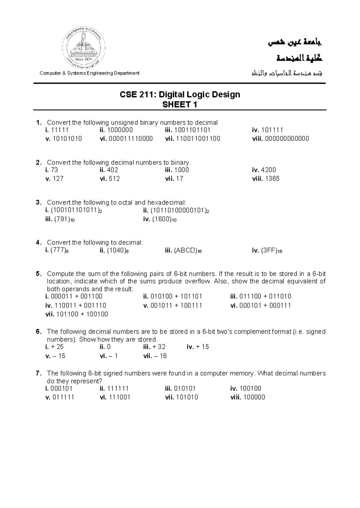 CSE 211: Digital Logic Design - Sheet 1 Tutorial Notes - Studocu