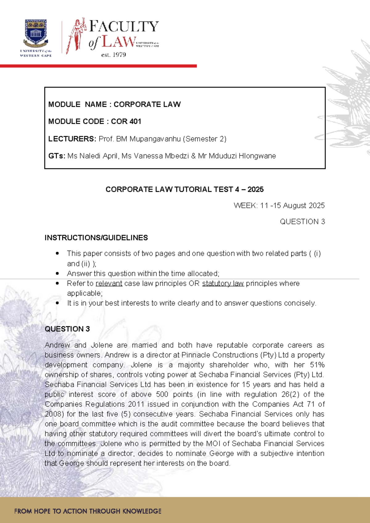 COR 401 Corporate Law Tutorial Test 4 - Question 3 Analysis - Studocu