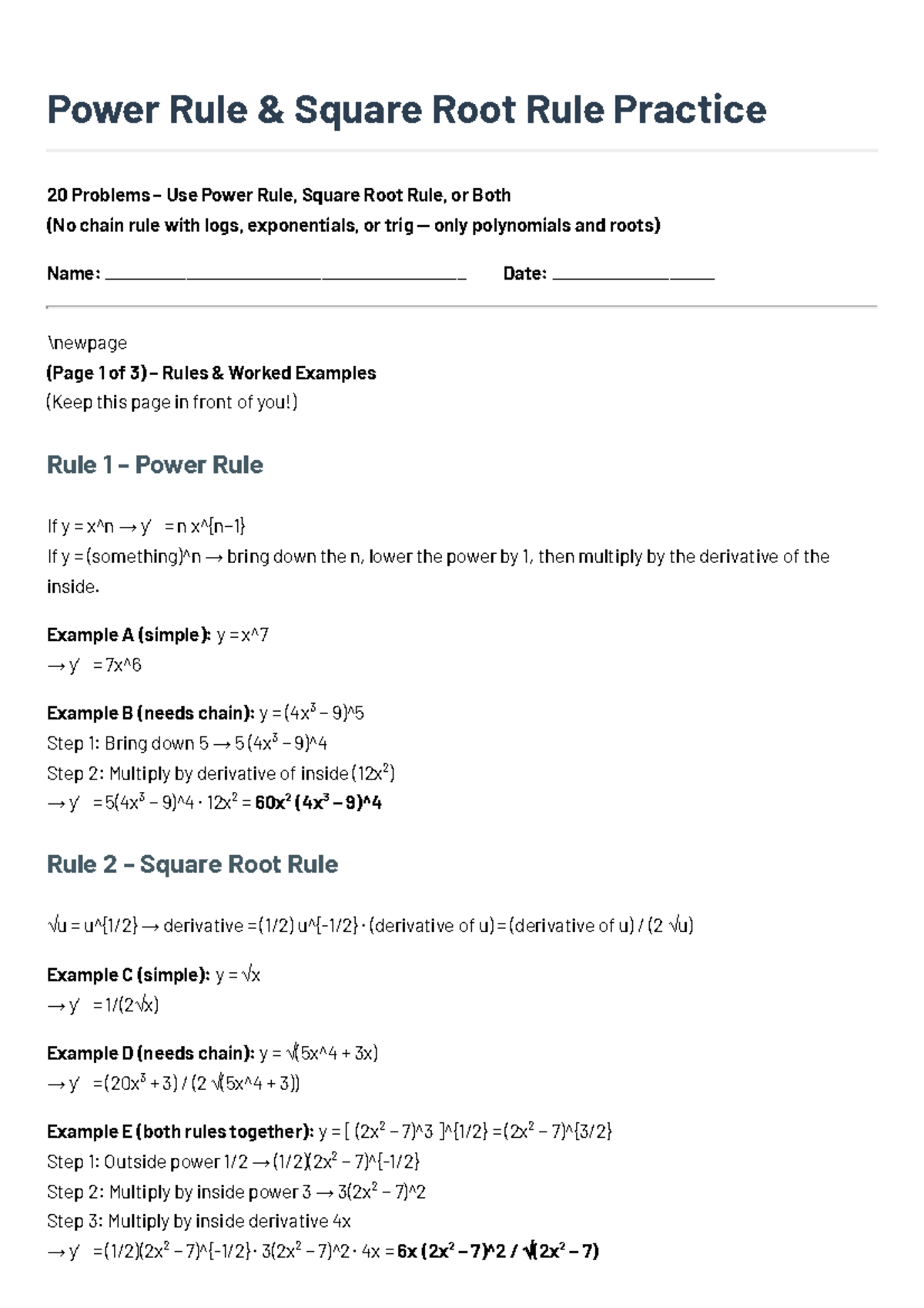 Power and Square Root Rule Practice: 20 Problems (No Chain Rule) - Studocu
