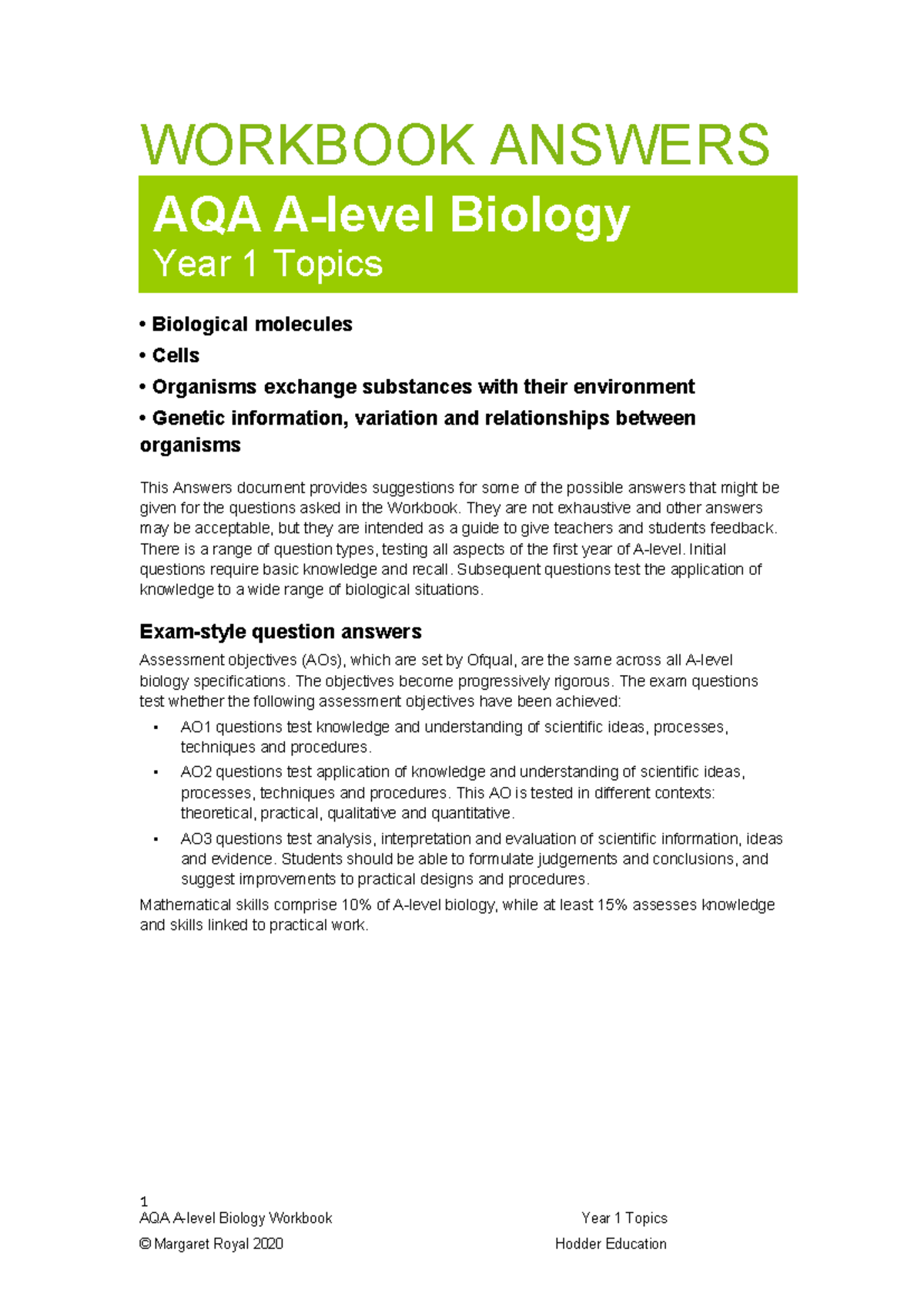 AQA Biology Year 1 Workbook Answers: Biological Molecules & Cells - Studocu