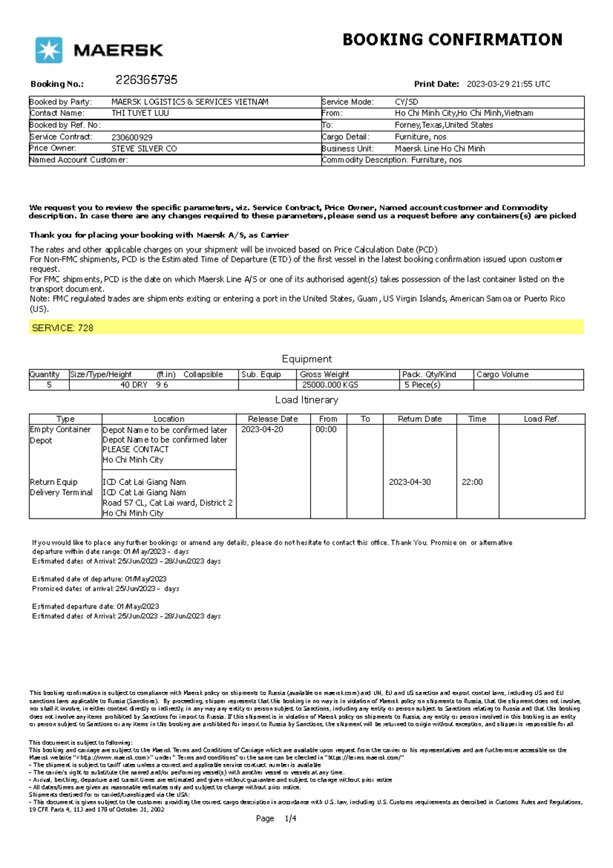 296-PO#A01.14793,94,95,96,99 Bk 226365795 ETD 05 - BOOKING CONFIRMATION ...