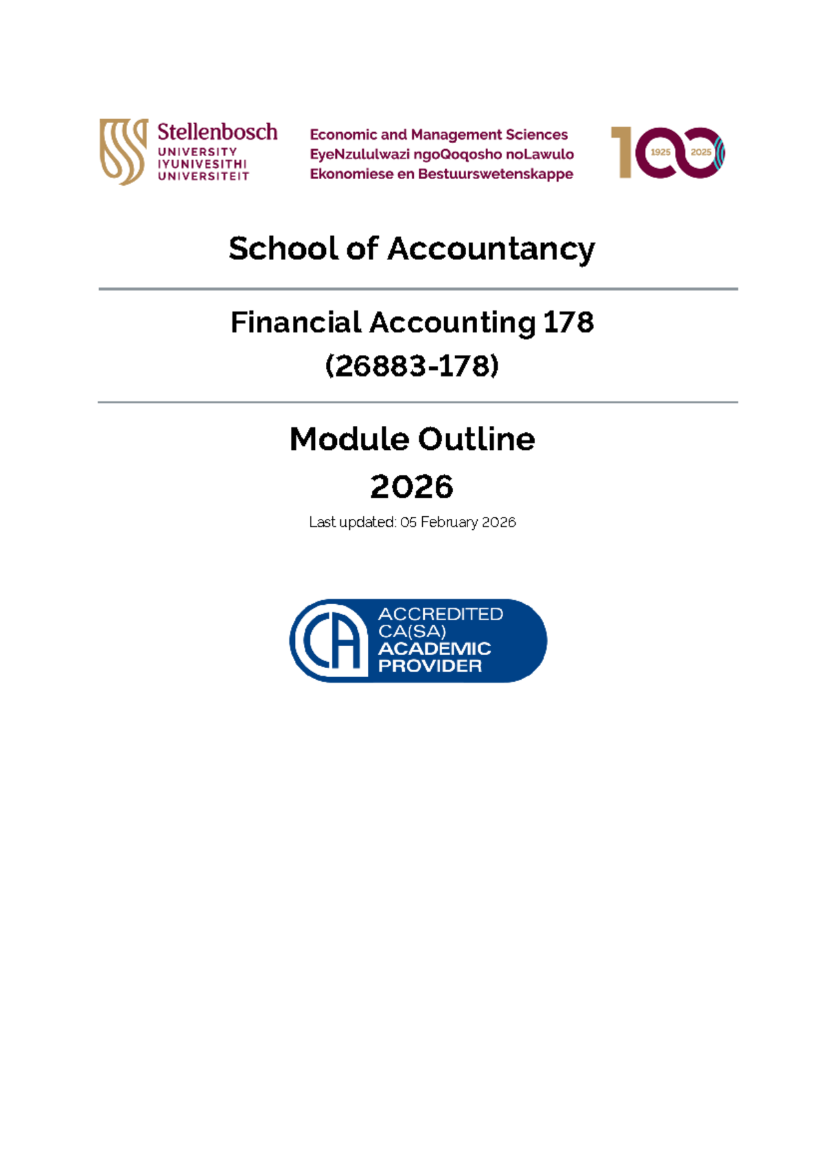 Fin Acc 178 Module Framework Outline 2026 - Studocu