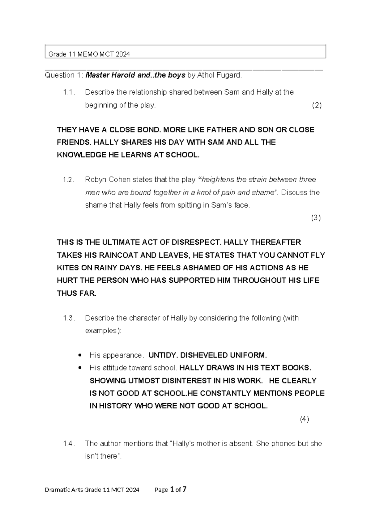 Dramatic Arts Grade 11 MCT 2024 Memo: Master Harold and the Boys ...