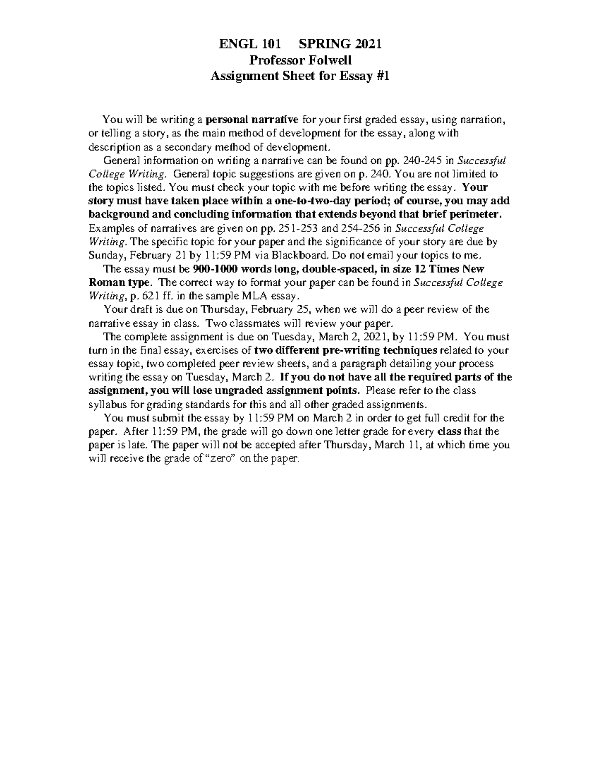 ENGL 101 Assignment Sheet FOR Essay 1 13 week class - ENGL 101 SPRING ...