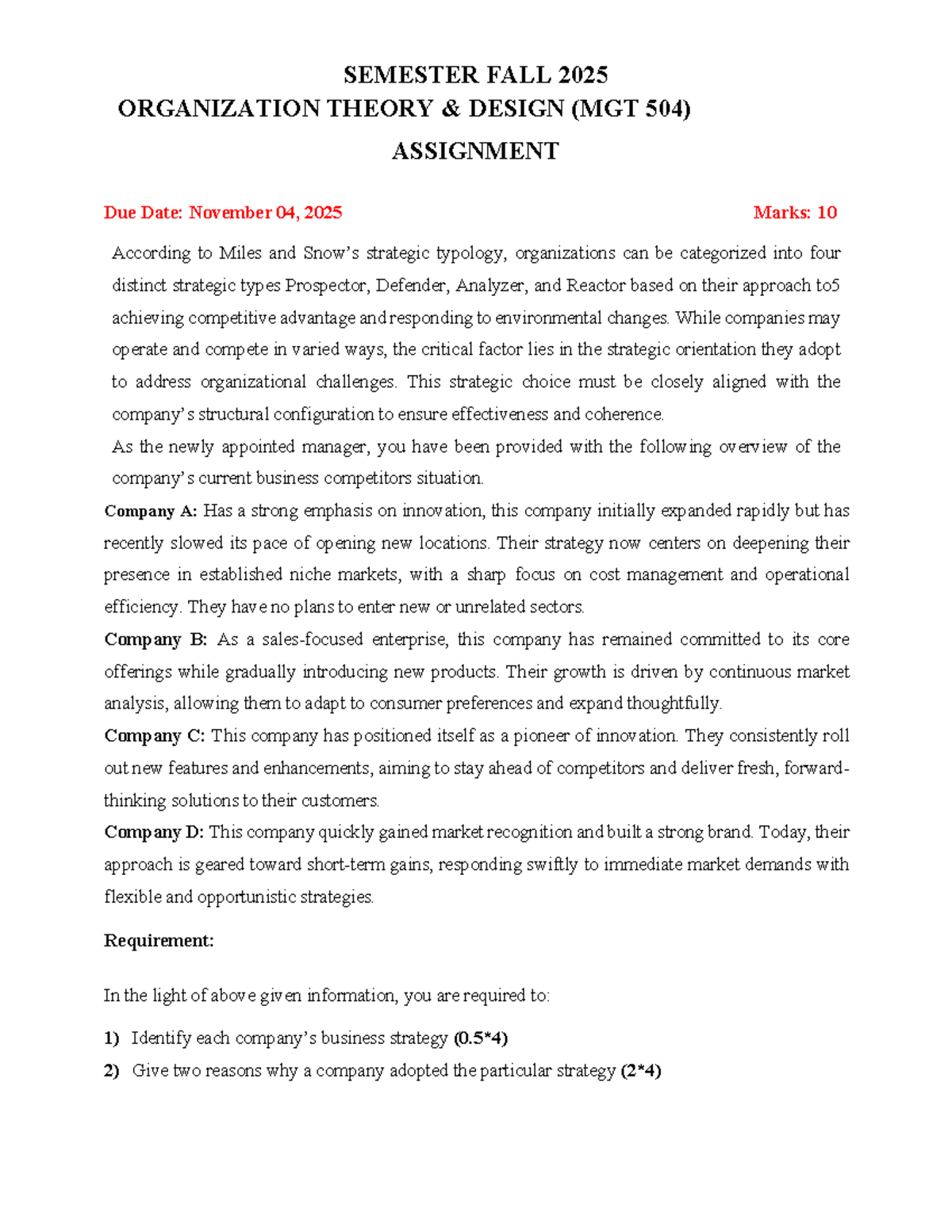 Fall 2025 MGT 504 Organization Theory Design Assignment Notes - Studocu