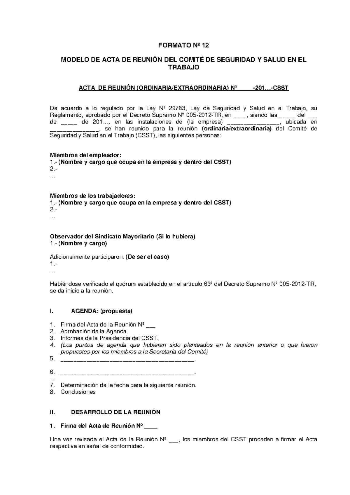 Modelo de Acta de Reunión del Comité de SST Nº 12 - Studocu