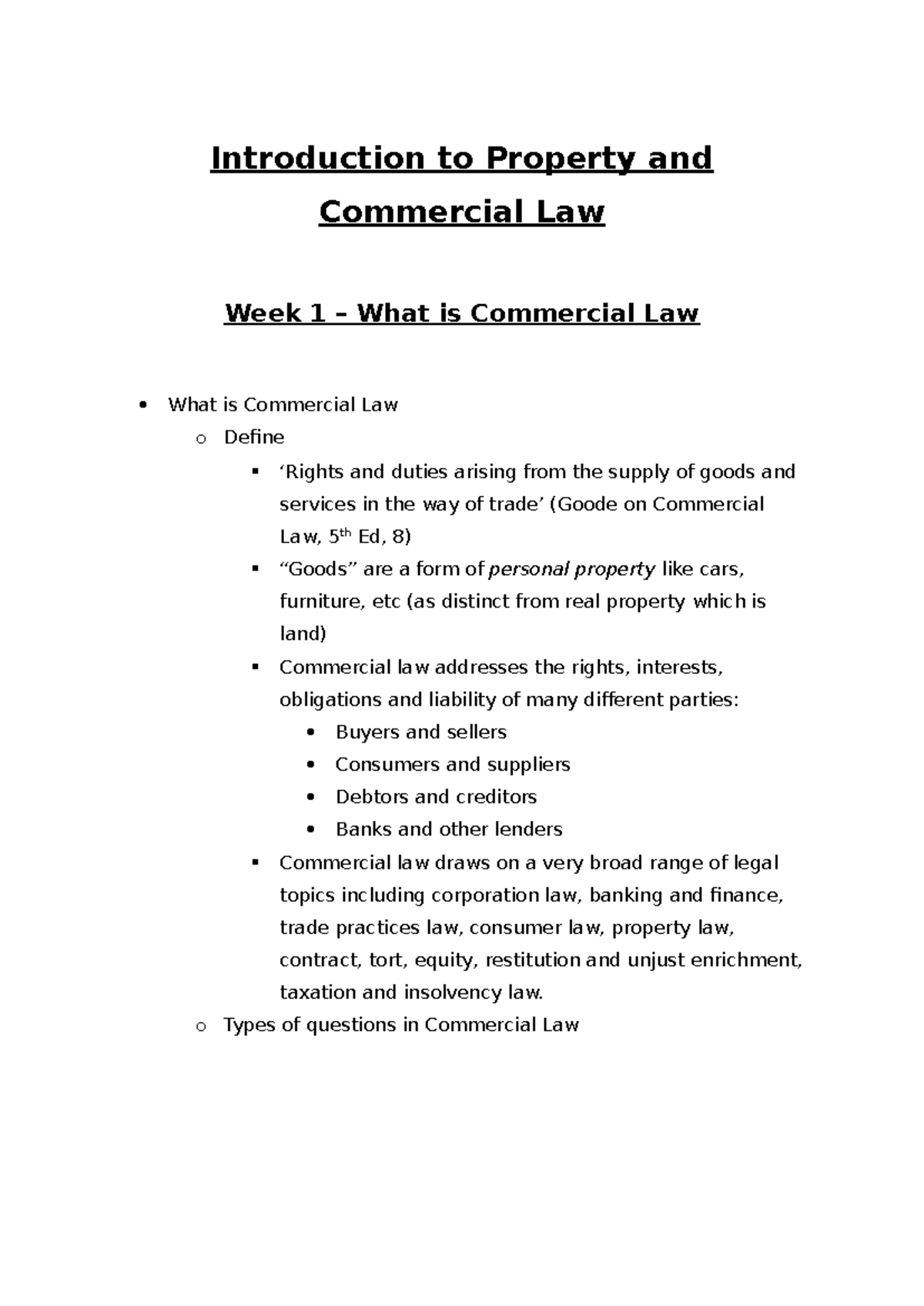 Intro to Property & Commercial Law (LAW101) - Week 1 to 5 Overview ...